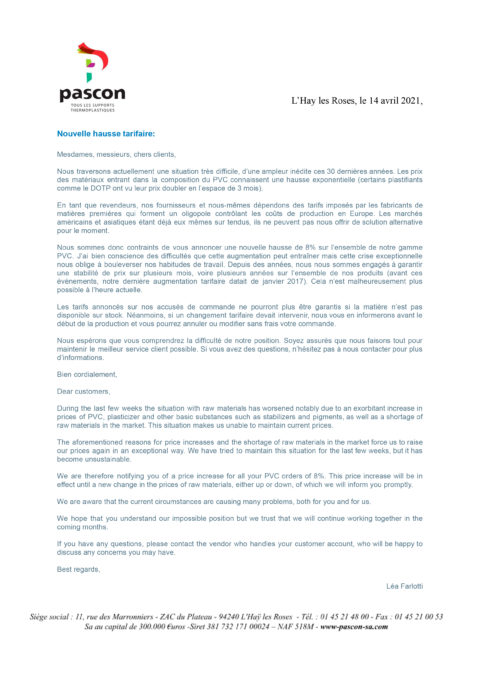 New price increase announcement - PASCON-SA